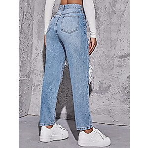 MakeMeChic Women's High Waist Straight Leg Ripped Jeans Distressed Denim Pants Light Wash2 M