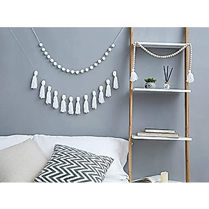 Dahey Wood Bead Garland with Tassels Banner Pom Pom Balls Garlands Decorative Wall Hanging for Boho Home Decor, Baby Shower, Nursery Room, Wedding, Birthday Christmas Party Decorations, 3 Pack
