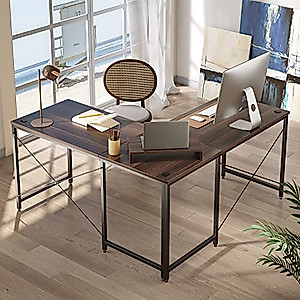 Bestier L Shaped Desk Computer Long Desk Reversible Corner Desk for Home Office Large Craft Table U Shaped 2 Person Gaming Workstation with Monitor Stand 3 Cable Holes L Desk, Brown