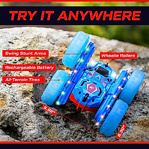 Force1 Cyclone LED Remote Control Car for Kids - Double Sided Fast RC Car with Bright LED Tires, Off-Road Crawler RC Stunt Car 360 Flips, Spins, Drifts; 2.4GHz Remote Control, 2 Rechargeable Batteries