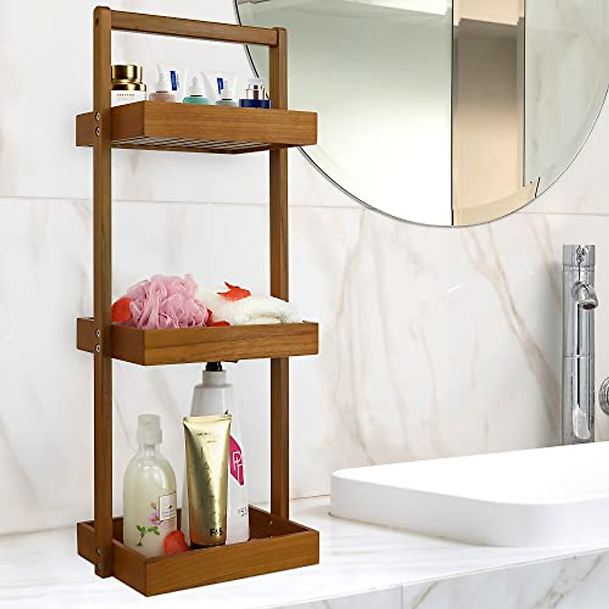 Utoplike Teak Wood Shower Caddy Corner 3 Tier Standing Shower Organizer and 24 x 16 inch Teak Wood Bath Mat