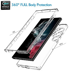 Tothedu Phone Case for Samsung Galaxy S23 Ultra Case with Tempered-Glass Screen Protector, Clear Full Body Protective Hard PC Shell TPU Bumper Cover Cases for Samsung Galaxy S23 Ultra 5G (Clear)