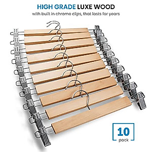 High-Grade Wooden Pants Hangers with Metal Clips Grip Clip Pants Hanger, Smooth Finish Solid Wood Jeans/Skirt Hanger, 360° Swivel Hook - Clip Hanger for Pant, Skirts, Slacks - 10 Pack, Natural