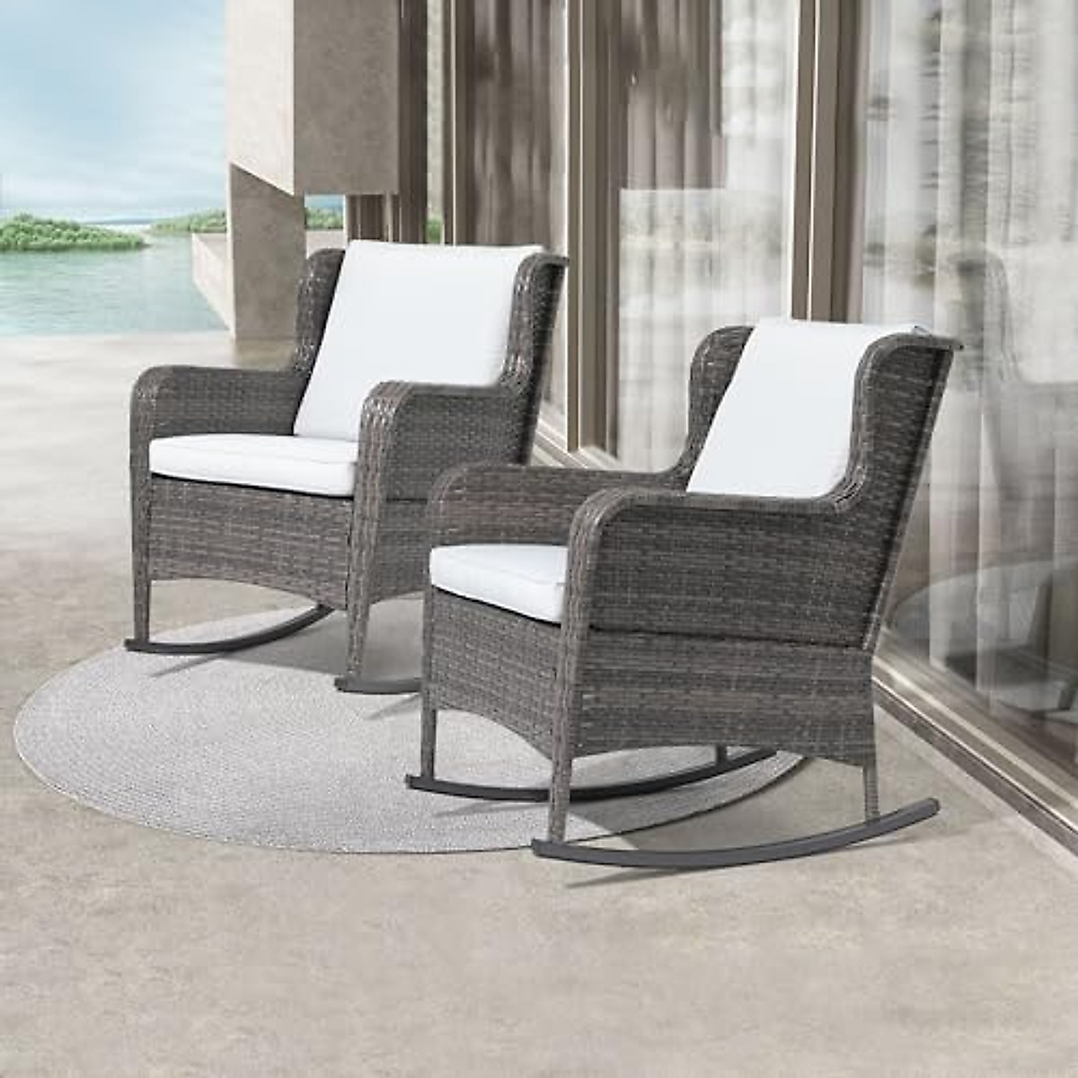 Soleil Jardin Outdoor Resin Wicker Rocking Chair with Cushions, Patio Yard Furniture Club Rocker Chair, Gray Wicker & Light Gray Cushions, Set of 2