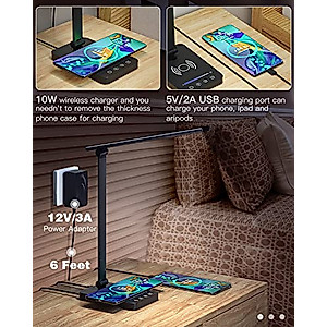 AGEARSUK LED Desk lamp, Desk Lamp with USB Charging Port for Home Office, Dimmable Desk Lamp with Wireless Charger, Eye-Caring Reading Lamps, Touch Control Study Lamps for Dorm (Adapter Included)