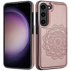 MMHUO for Samsung Galaxy S23 Case with Card Holder,Flower Magnetic Back Flip Case for Samsung Galaxy S23 Wallet Case for Women,Protective Case Phone Case for Samsung Galaxy S23 5G (2023),Rose Gold