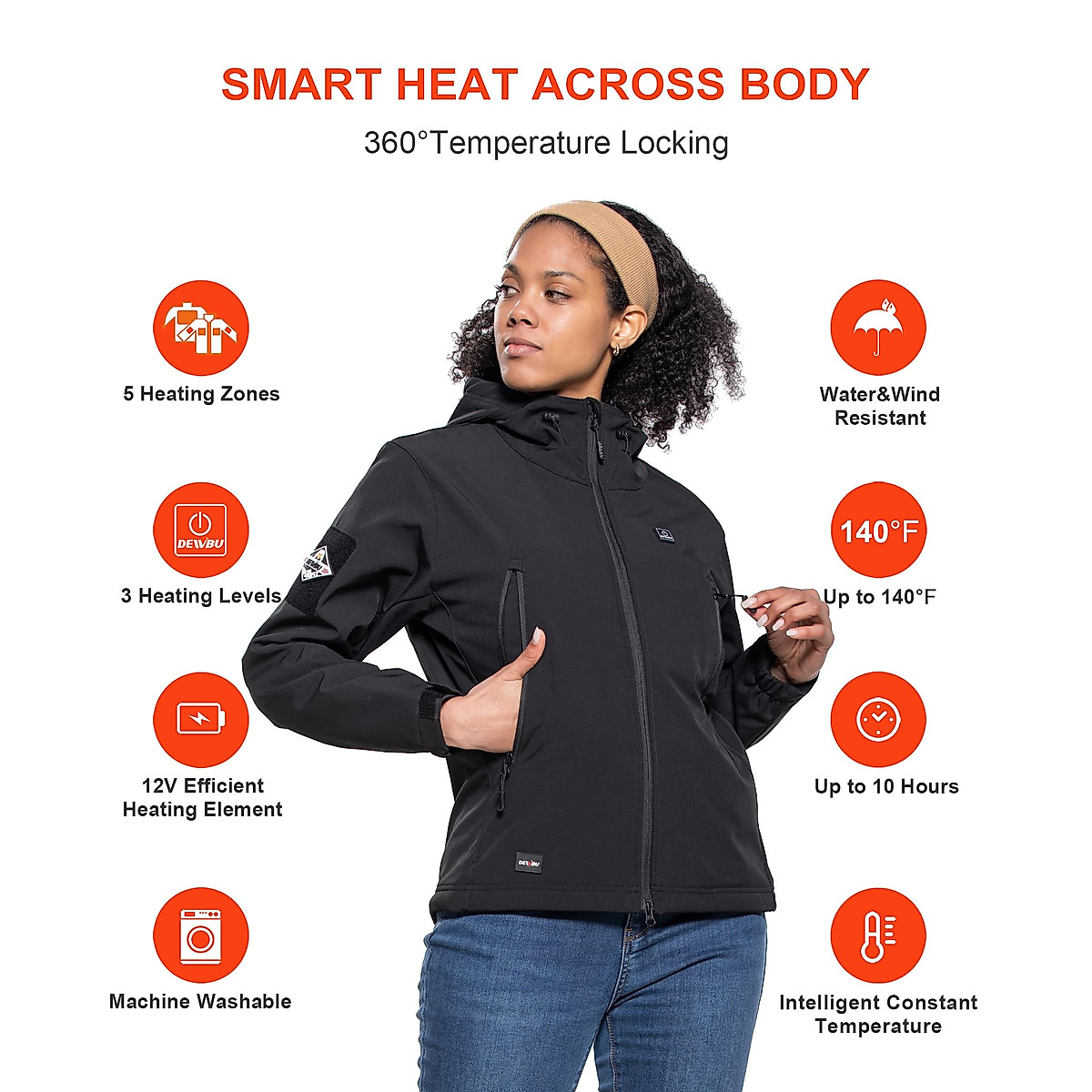 DEWBU Heated Jacket for Women with 12V Battery Pack Winter Outdoor Soft Shell Electric Heating Coat, Women's Black, XL