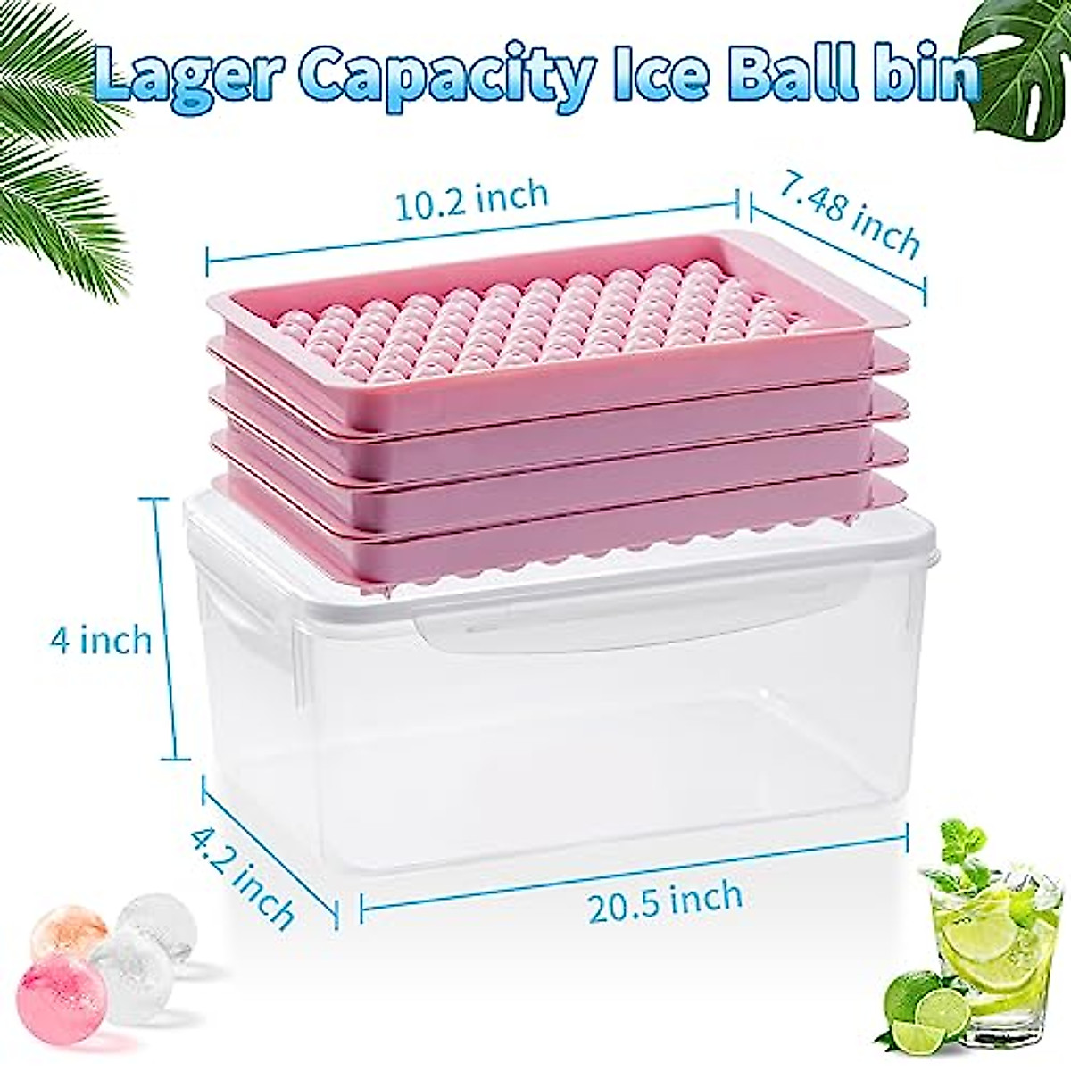 4 Pack Mini Round Ice Cube Tray, Ice Ball Maker Mold for Freezer with Container, Sphere Ice Cube Tray Making 99pcs Circle Ice Chilling Cocktail Whiskey Tea Coffee - Pink