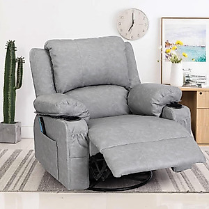KCREAM Swivel Recliner Chairs with Massage and Heat,Leather Recliner Chairs Sofa Rocker Chair with Side Pocket Manual Reclining Chair Rocking Recliner with Drink Holders for Living Room,Grey
