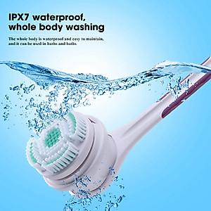 SoulBay Electric Body Brush with 5 Attachments: Rechargeable Back Brush IPX7 Long Handle Exfoliating Spin Scrubber for Shower Bathing Cleansing Wash Deep Cleaning