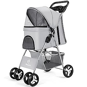 Wedyvko Pet Dog Stroller, 4 Wheel Foldable Cat Dog Stroller with Storage Basket, Handle 360° Front Wheel Rear Wheel with Brake for Small Medium Dogs & Cats (Gray)