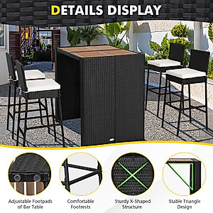 RELAX4LIFE 5-Piece Outdoor Bar Set - Wicker Rattan Bar Height Dining Table w/Acacia Wood Top & 4 Bar Stools Chairs w/Seat Cushions, Backrest, Footrest, Outside Patio Bistro Set for Backyard Poolside