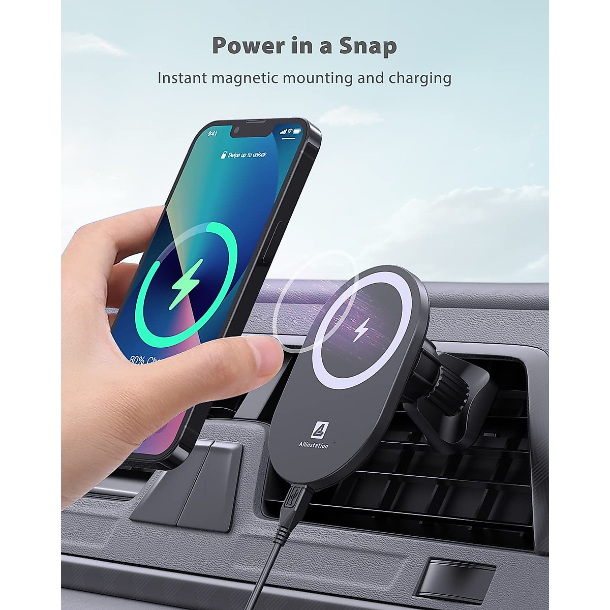 Magnetic Wireless Car Charger Mount, Compatible with Magsafe Car Charger Air Vent Phone Mount Magnetic Phone Car Mount with Powerful Magnetic Pull for iPhone 14 13 12 Pro Max Mini