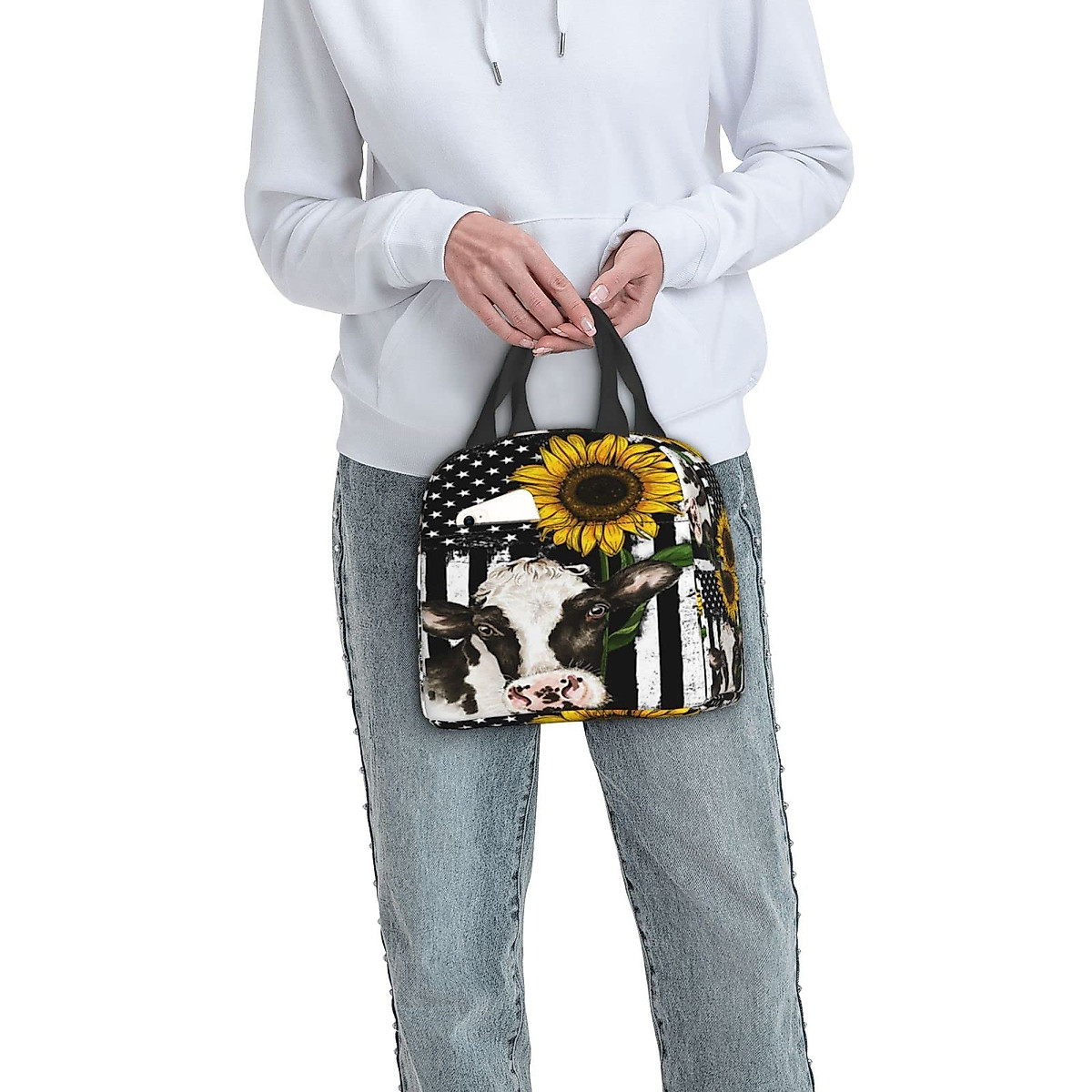 HUZEIMINniu American Flag Lunch Bag Sunflower Cow Lunch Bag Tote Bag Portable Insulated Reusable Lunch Box For Office Work Camping Travel Picnic Beach Fishing For Adult