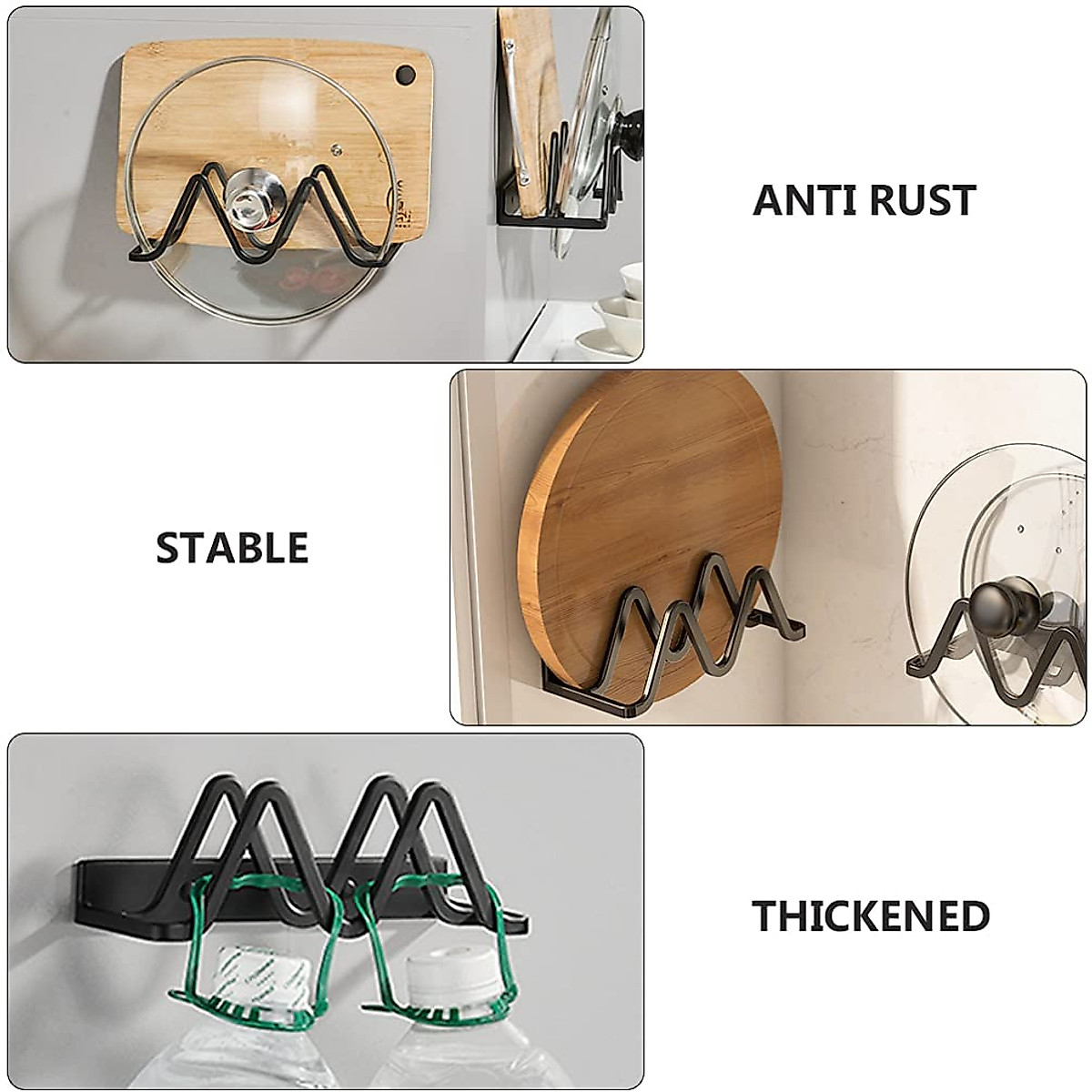 Cabilock Kitchen Lid Organizer Wall Mounted Pot Lid Storage Rack Cabinet Pantry Countertop Bakeware Organizer Dish Stand Holder for Spatula Plates Lid Cutting Boards Black