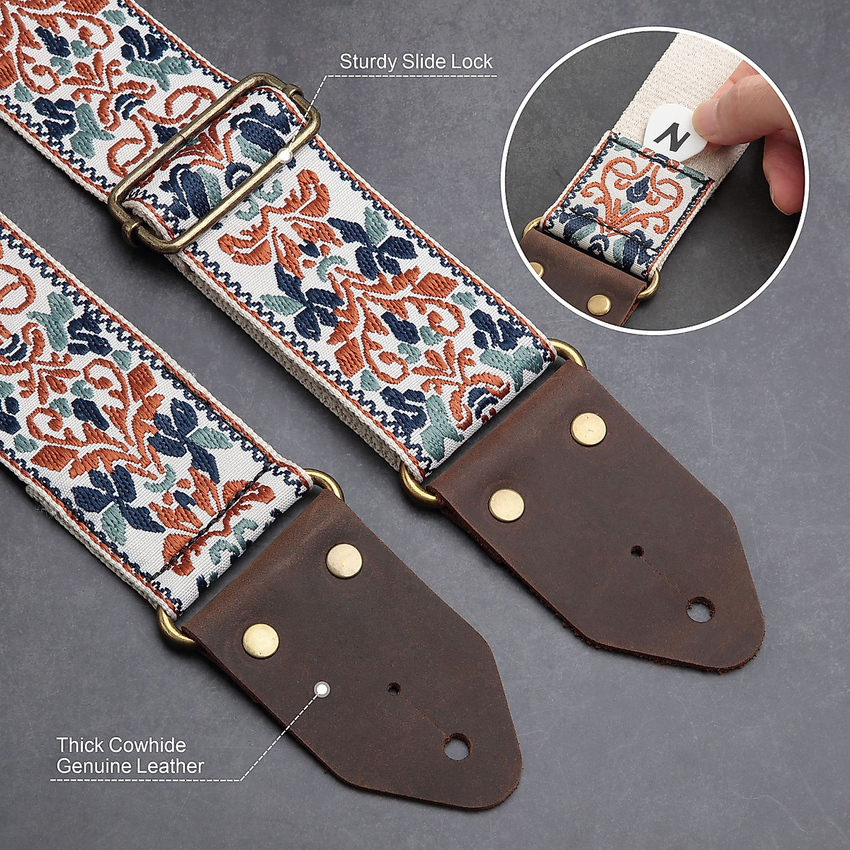 Nefelibata Guitar Strap,Jacquard Embroidery Cotton Guitar Straps with Crazy Horse Leather Ends for Bass, Electric & Acoustic, Best Gifts for Kids, Guitarists(Golden Jacquard)