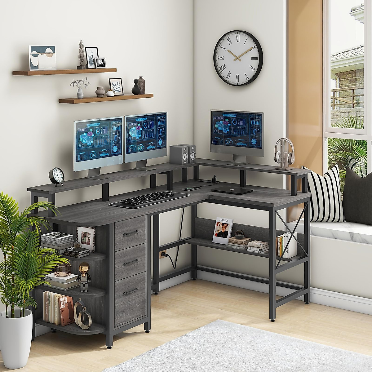 67" L Shaped Computer Desk with LED Lights and Power Outlets, Reversible L Shaped Gaming Desk with 3 Drawers Hutch Monitor Stand, Home Office Desk with USB Port Home Office