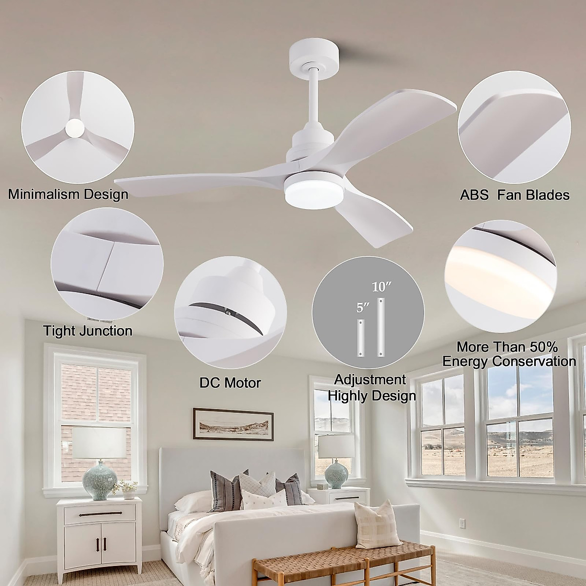 OMYU 42 Inch Ceiling Fans with Lights, ABS Blades, Noiseless Reversible DC Motor, 6 Speeds and 3 Color Temperatures, White Ceiling Fan with Remote Control for Bedroom Living Room Office
