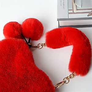 Soft Warm Faux Fur Handbag Fuzzy Crossbody Bag Heart Shape Soft Plush Purse for Winter Women Wallets (Red)