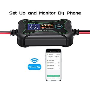 10A MPPT Wireless Solar Charge Controller with BT, Bateria Power 12 Volt Phone APP Intelligent Control Solar Regulator with LCD Display, LED Indicate Light for Gel AGM Lithium LiFePO4(Sunrock 10Pro)