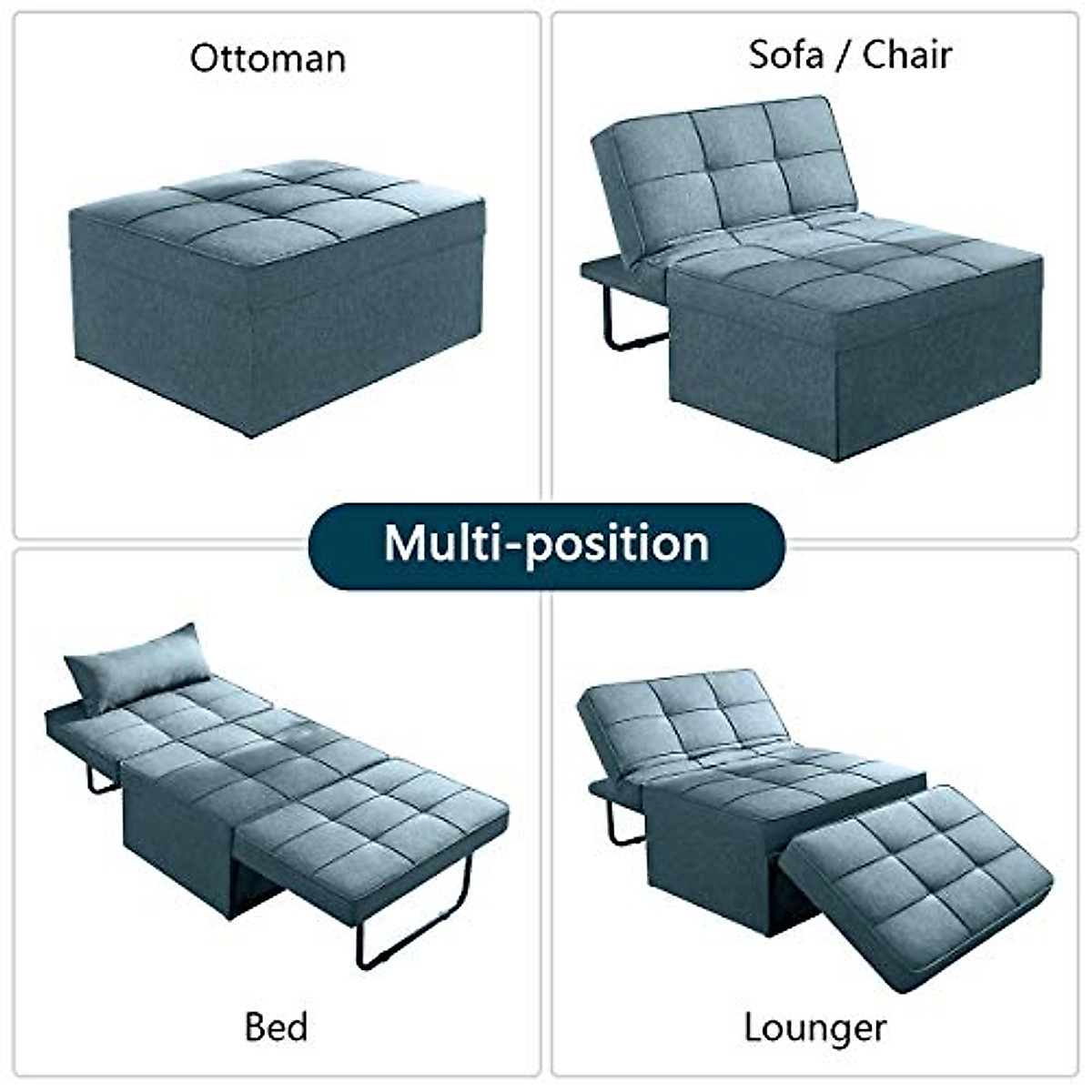 Vonanda Sofa Bed, Convertible Chair 4 in 1 Multi-Function Folding Ottoman Modern Breathable Linen Guest Bed with Adjustable Sleeper for Small Room Apartment,Denim Blue
