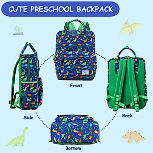 Kasqo Kids Backpack, Lightweight Water Resistant Preschool Toddler Bookbags for Little Boys and Girls with Chest Strap, Green Dinosaur