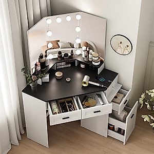 Fameill Corner Vanity Desk with Tri-Fold Mirror and Adjustable Light, Makeup Dressing Table with Power Outlet, 3 Drawers, Sliding Cabinet, Open Shelves, White Vanity Desk for Bedroom, Women, and Girls