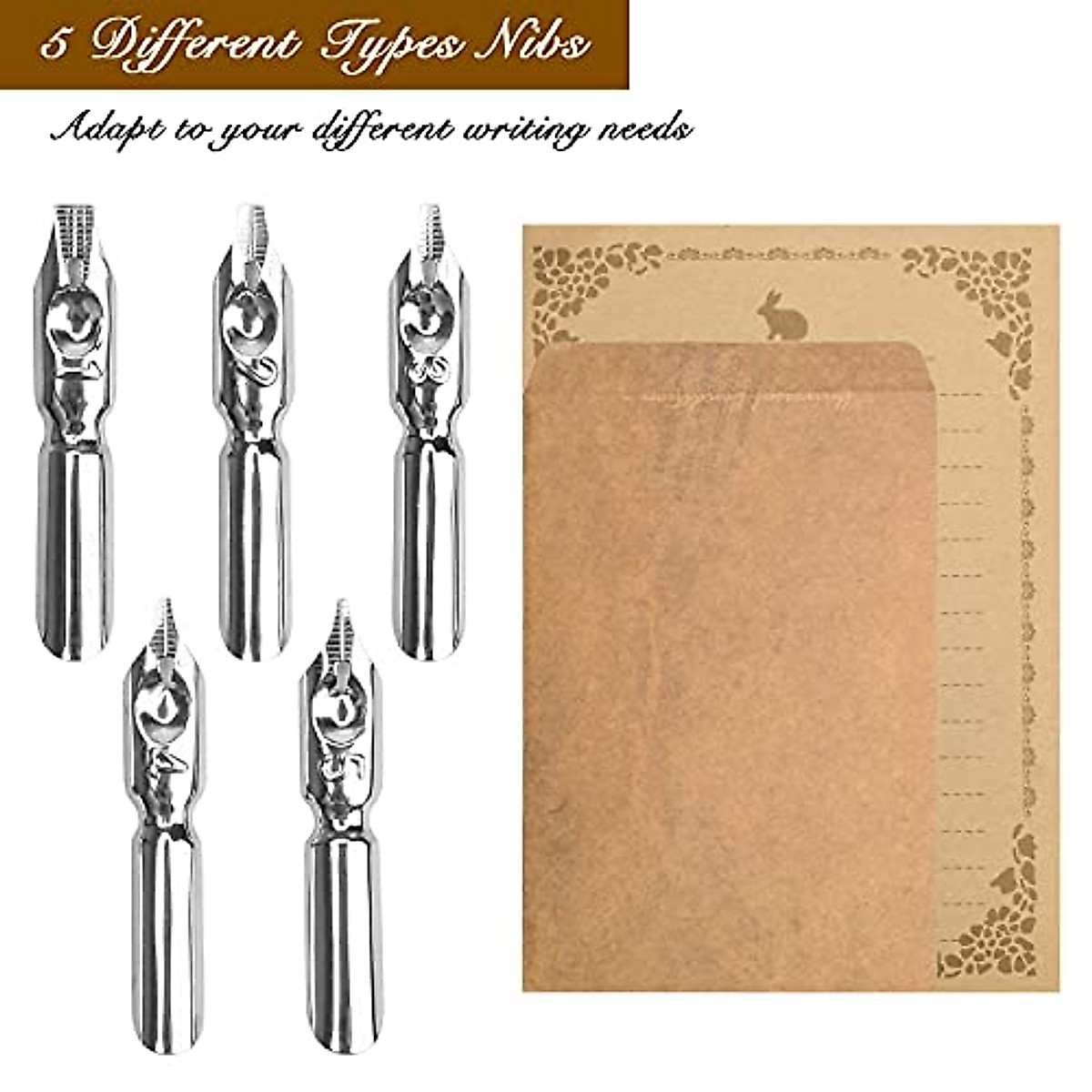 AngleKai Quill Pen and Ink Set, Calligraphy Feather Pen Set with Wax Seal Stamp, Ink, and Wax Seal Sticks, Replacement Nibs, Spoon, Envelope Letter Paper, White Wax, Antique Quills for Gift (Blue)