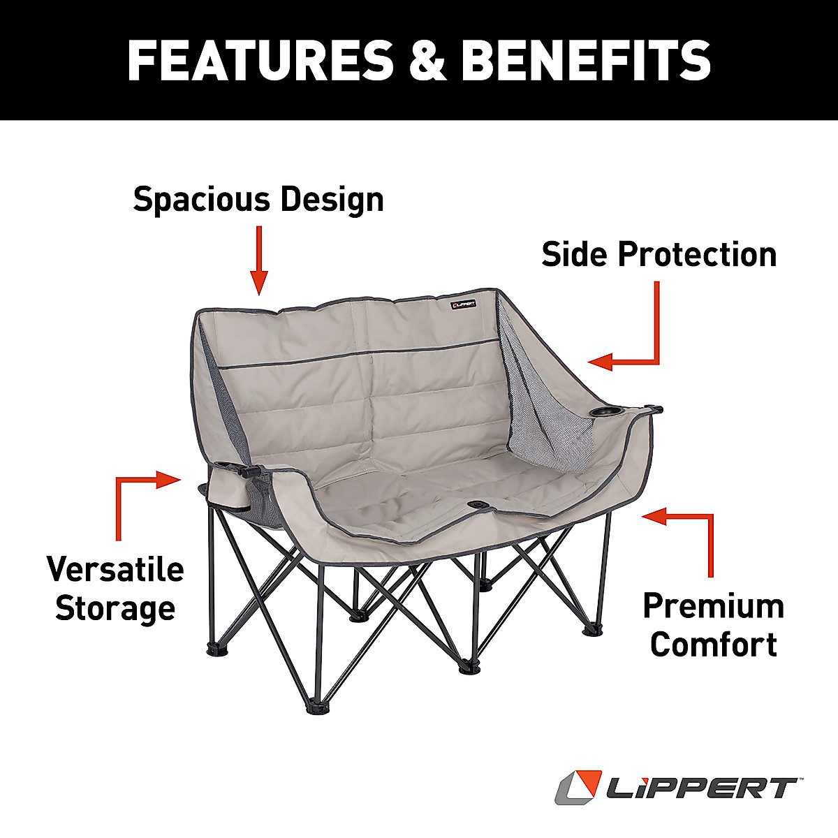 Lippert Campfire Folding Loveseat with 500-lb. Weight Capacity, Carry Bag, Durable Mesh Fabrics, High-Loft Cushioning, Storage Pocket, Dual Cupholders, Stemmed Wine Glass Holder (Sand) - 2021000205