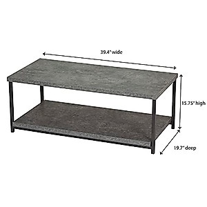 Household Essentials Jamestown Rectangular Coffee Table with Storage Shelf Rustic Slate Concrete and Black Metal