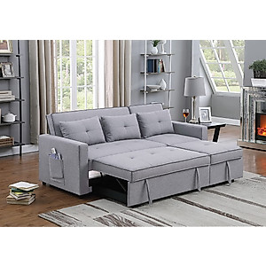 Favfurish 80'' L-Shape Convertible Sleeper Sectional Sofa with Pull-Out Recliner and Bed, Side Pocket, Linen Corner 3 Person Couch for Home Furniture, Living Room, Apartment, Dorm, Light Grey