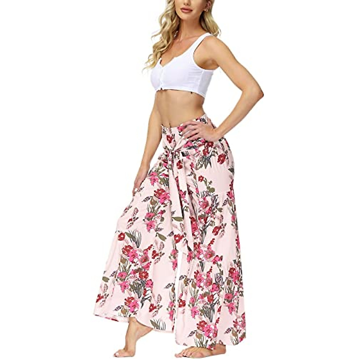 ALBIZIA Wide Leg Palazzo Pants for Women Elastic Waist Summer Casual Floral Printed Pant Boho Yoga Trouers XL Style-4