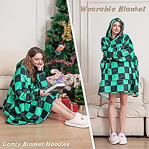 ARTHMOM Comfy Wearable Blanket Hoodie for Women Men Adult, Oversized Sherpa Fuzzy Fleece Sweatershirt Blanket with Giant hood and Pocket, One Size Fits All (Plaid-Green)