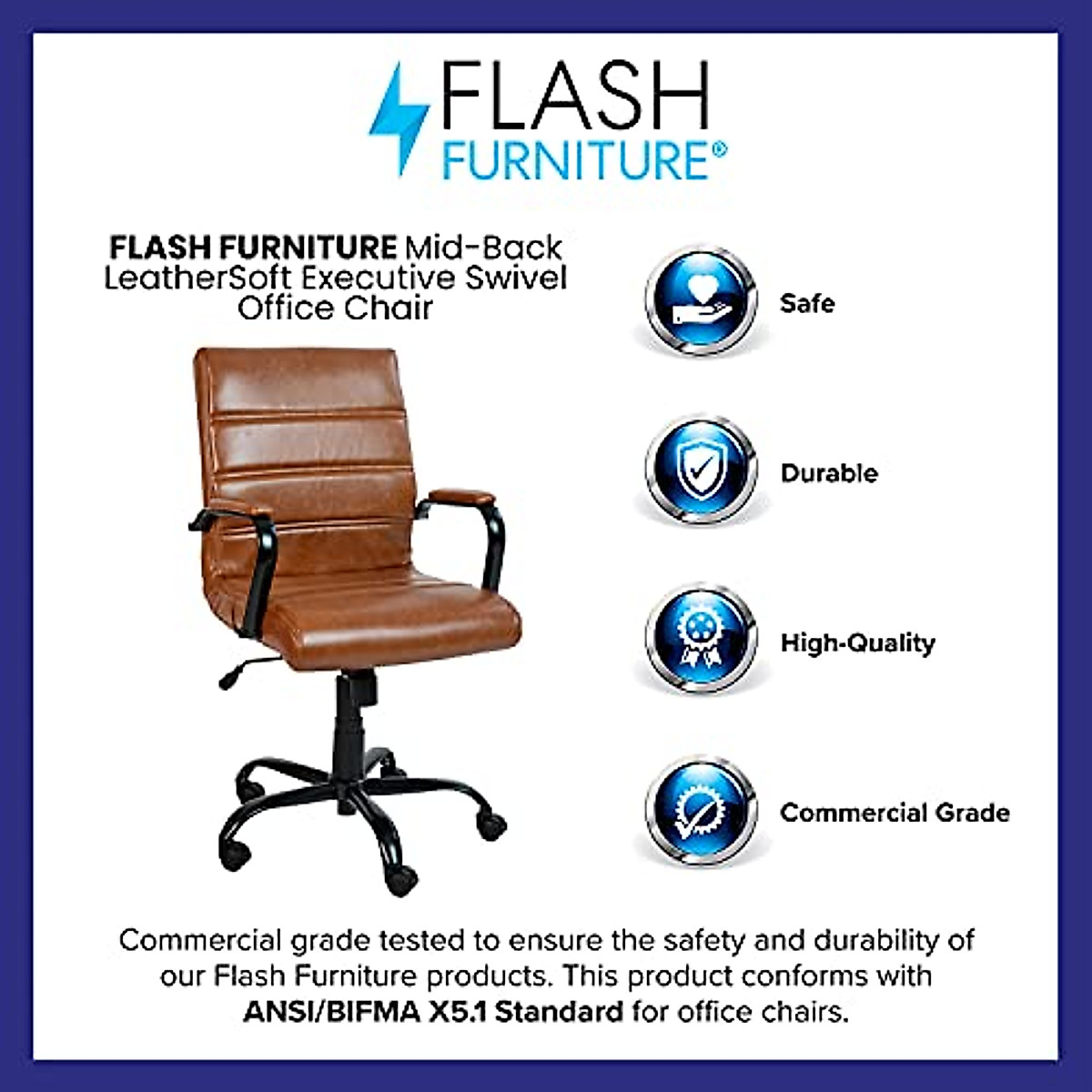 Flash Furniture Whitney Mid-Back Desk Chair - Brown LeatherSoft Executive Swivel Office Chair with Black Frame - Swivel Arm Chair