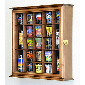 21 Shot Glass Shotglass Shooter Display Case Holder Cabinet Wall Rack 98% UV Lockable -Walnut