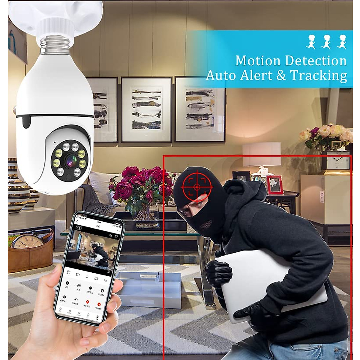 3MP Light Bulb Security Camera for Home Security, 360° WiFi Smart Light Socket Security Camera Outdoor Wireless, Lightbulb Camera with Motion Detection, Two Way Talk, Compatible with Alexa (1Pack)