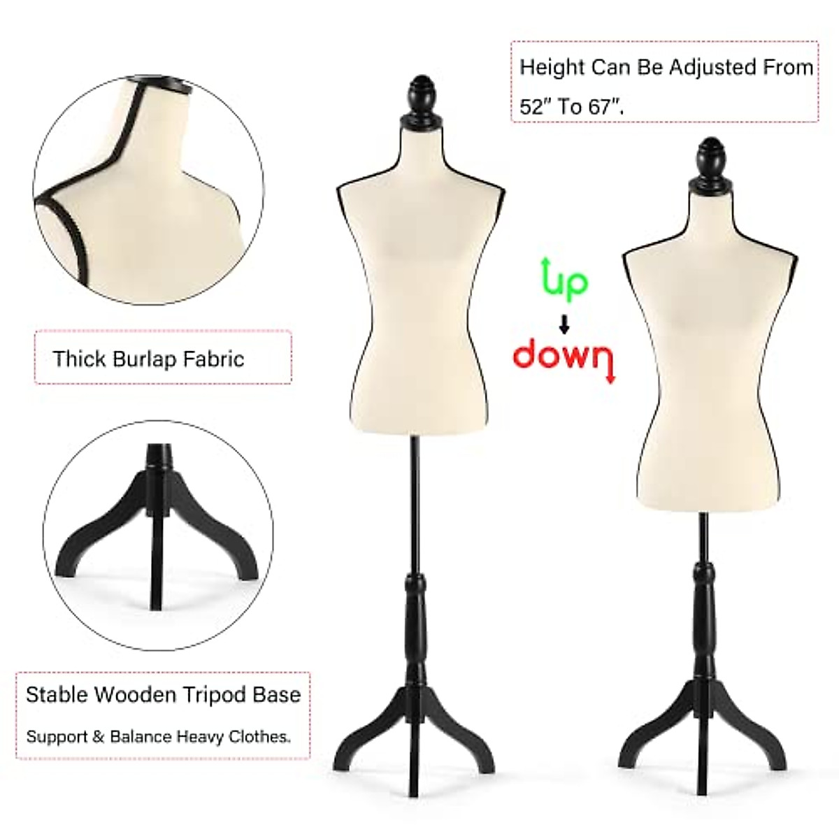 HOMBOUR Female Mannequin Body, Sewing Mannequin Torso Dress Form, Adjustable Mannequin with Stand for Sewing Dressmaker Jewelry Display, Beige
