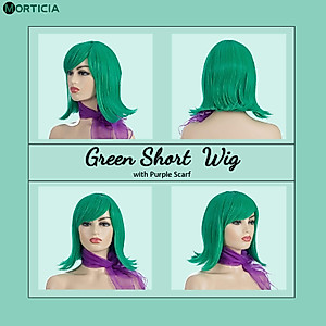 MORTICIA Short Straight Fillp out Green Bob holiday and vacations Costume Cosplay Wig with Purple Scarf