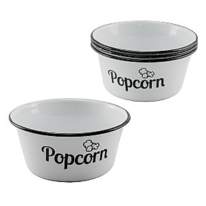 White Enamel Popcorn Bowl with Black Lettering, Set of Four