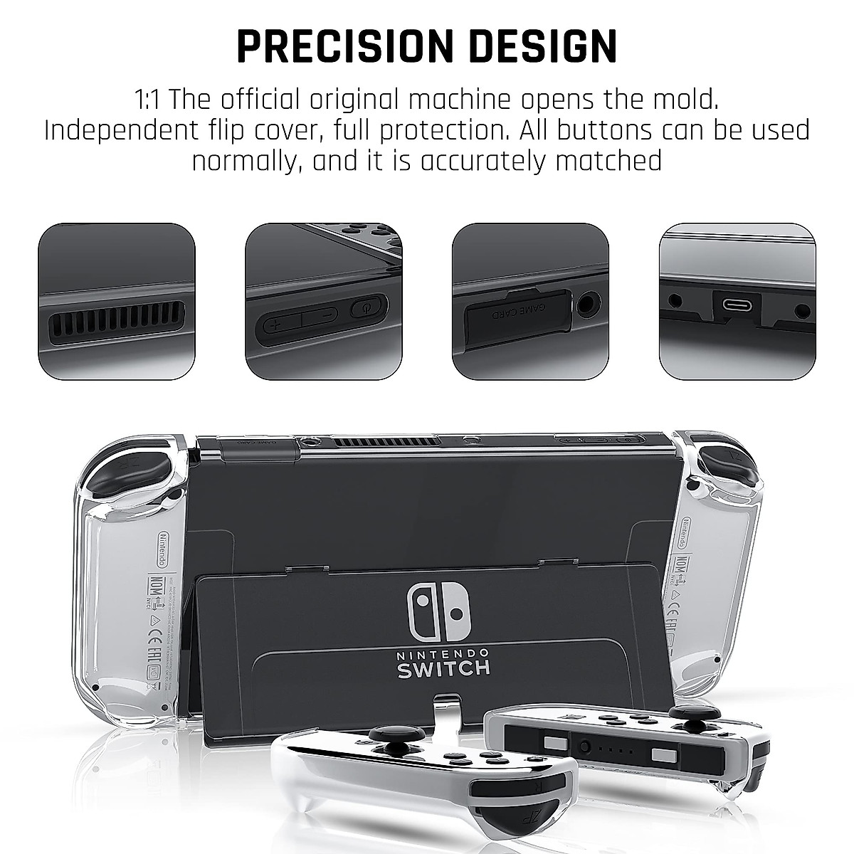 FUNDIARY Dockable Clear Case for Nintendo Switch OLED Model 2021 Skin, Accessories Cover for Switch OLED Console & Joycon with Screen Protector and 10 Pcs Thumb Caps - Full Protection by Flip Shell