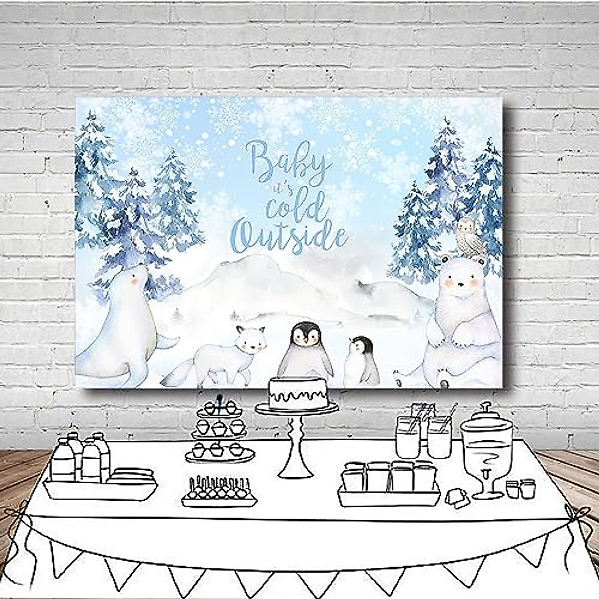 MEHOFOND 7x5ft Winter Baby Shower Backdrop Baby It's Cold Outside Background Blue Watercolor Artic Animals Penguin Baby Shower Party Banner Decorations Photo Booth Props