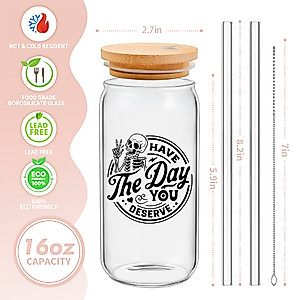 BIPEDS Funny Skeleton Glass Cups with Lids and Straws, Novelty Cute Skull Coffee Mug Tumbler Cup, Gothic Home Decor, Goth Kitchen Accessories, Emo Stuff, Spooky Witch Witchy Birthday Gifts for Women