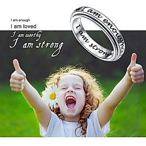 JZMSJF Men Women Spinner Ring 925 Sterling Silver Fidget Rings for Anxiety Stress Relieving ADHD Autism Rings I Am Enough Inspirational Band Ring Size 7