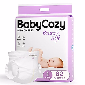 Babycozy Boucy Soft Newborn Diapers for Sensitive Skin, Hypoallergenic Disposable Diapers, Plain White Diapers Without Chlorine, Soft Diapers for Baby&Infant&Preemie, Size 1(8-14lb) 82 Count