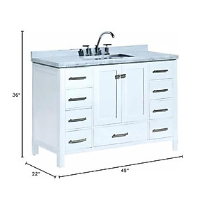 ARIEL Cambridge A049SCWRVOWHT 49" Inch Single Rectangular Sink Solid Wood White Bathroom Vanity with 1.5" Inch Edge Carrara Marble Countertop
