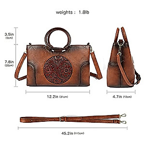 PU Handbag for Women,Vintage Design Embossed Totem Purse Organizer Top-Handle Satchel Handmade Medium Crossbody … (Brown)