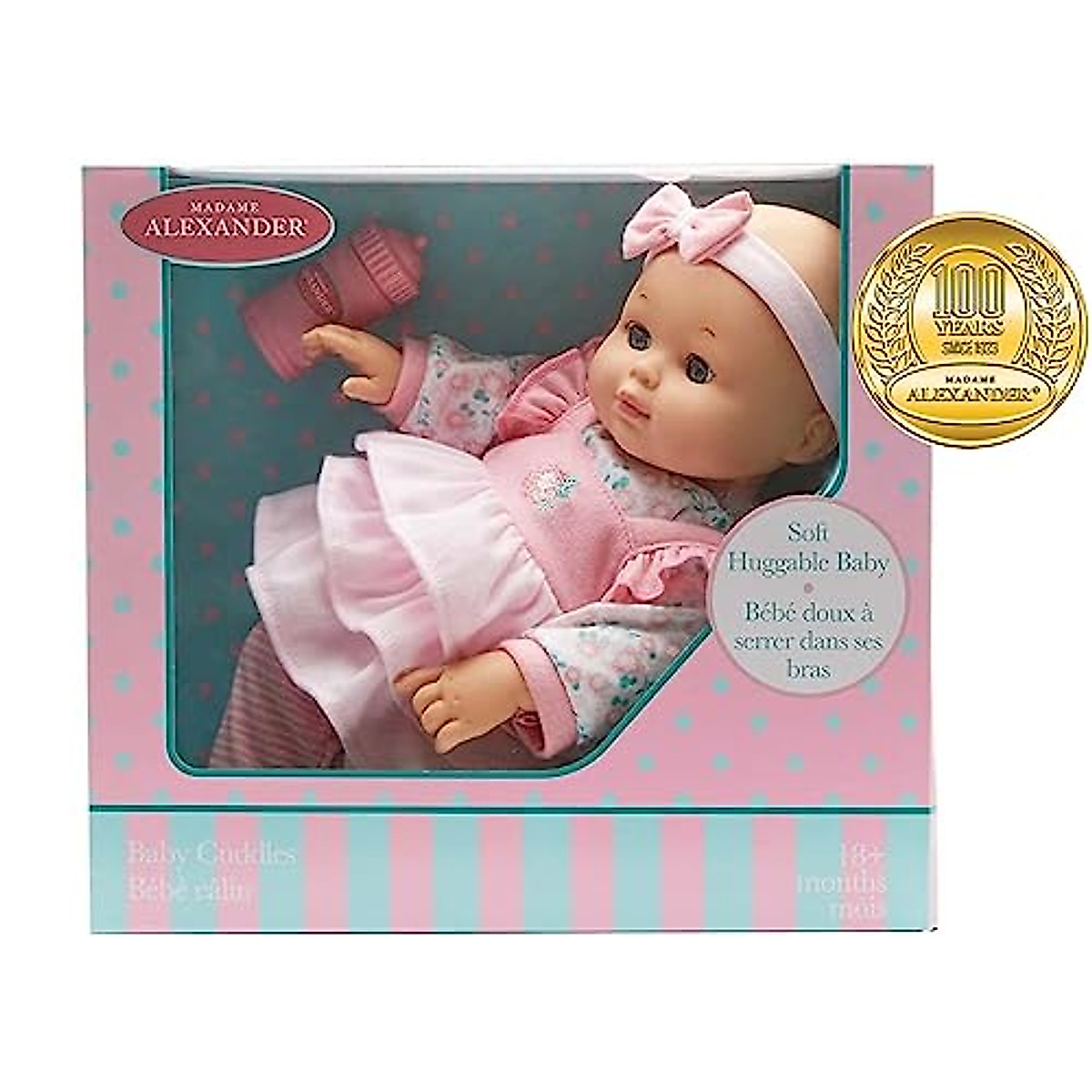 Madame Alexander 14-Inch Baby Cuddles Doll with Bottle, Pink Floral, Light Skin Tone