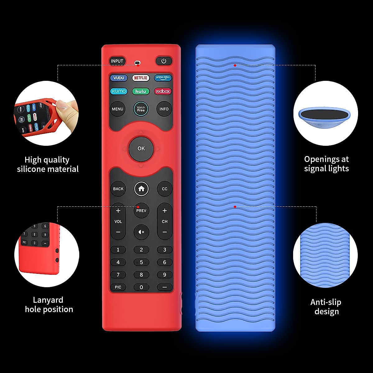 [2 Pack] WQNIDE Silicone Protective Case Cover for Vizio XRT140 Smart TV Remote Control,Shockproof Vizio XRT140 LED QLED HD UHD TV Remote Replacement Case with Lanyard (Red+Grow Blue)
