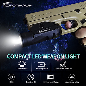 CRONHAWK 1350 Lumens Rail Mounted Pistol Flashlight, Rechargeable Gun Flashlights for Pistol Airsoft