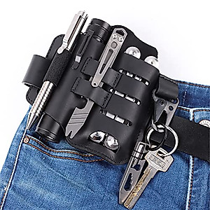 Leather Sheath for Belt,Multitool Sheath EDC Pocket Organizer for Men with Pen Holder,Knife Leather Pouch Flashlight Holster